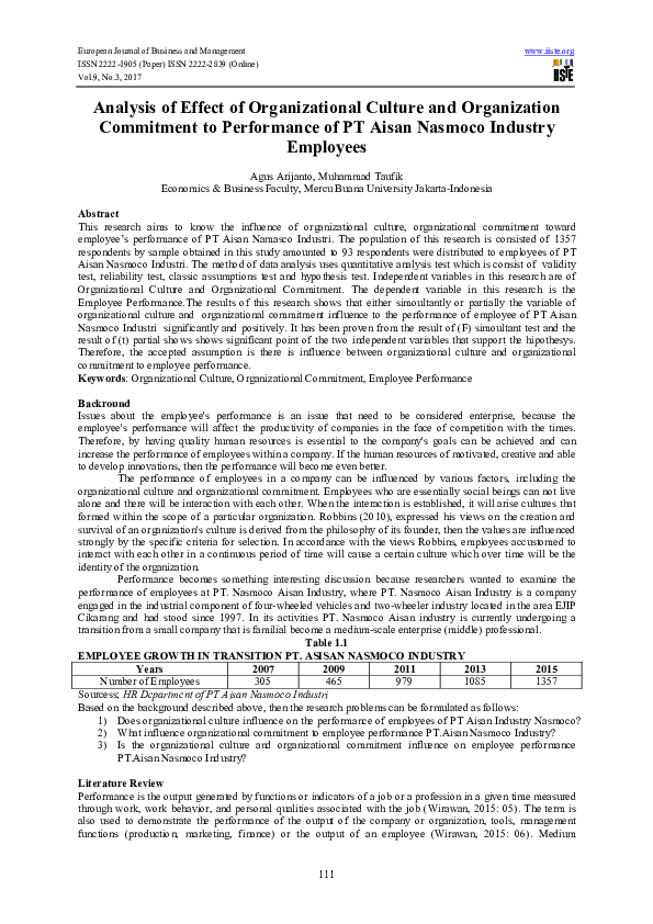 (PDF) Analysis of Effect of Organizational Culture and Organization Commitment to Performance of ...