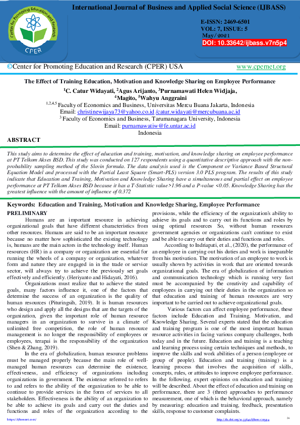 (PDF) The Effect of Training Education, Motivation and Knowledge Sharing on Employee Performance