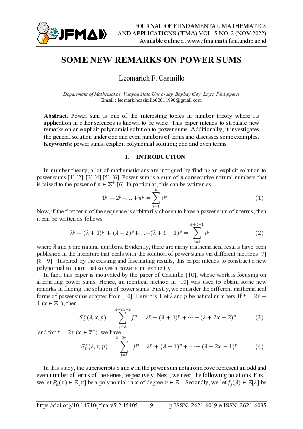 (PDF) SOME NEW REMARKS ON POWER SUMS