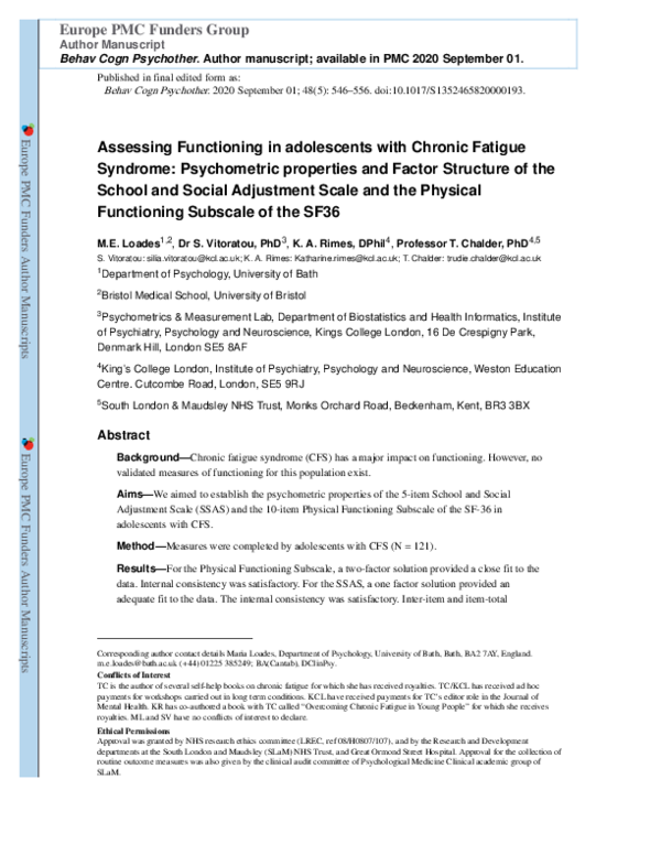 (PDF) Assessing functioning in adolescents with chronic fatigue syndrome: psychometric ...