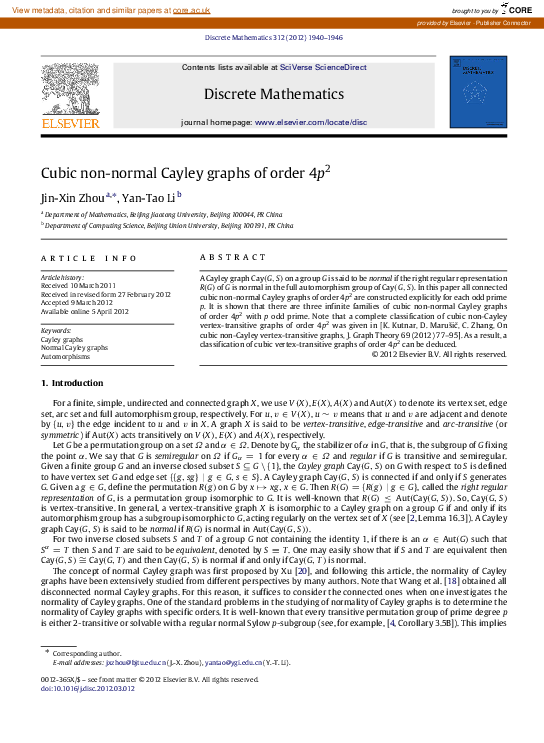 (PDF) Cubic non-normal Cayley graphs of order 4p2