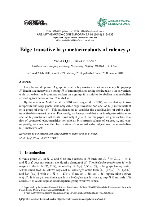 (PDF) Edge-transitive bi-p-metacirculants of valency p