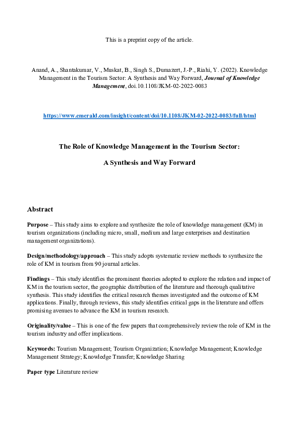 (PDF) The Role of Knowledge Management in the Tourism Sector