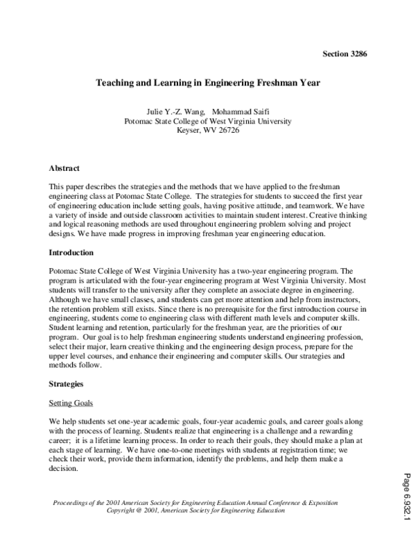 (PDF) Teaching And Learning In Engineering Freshman Year
