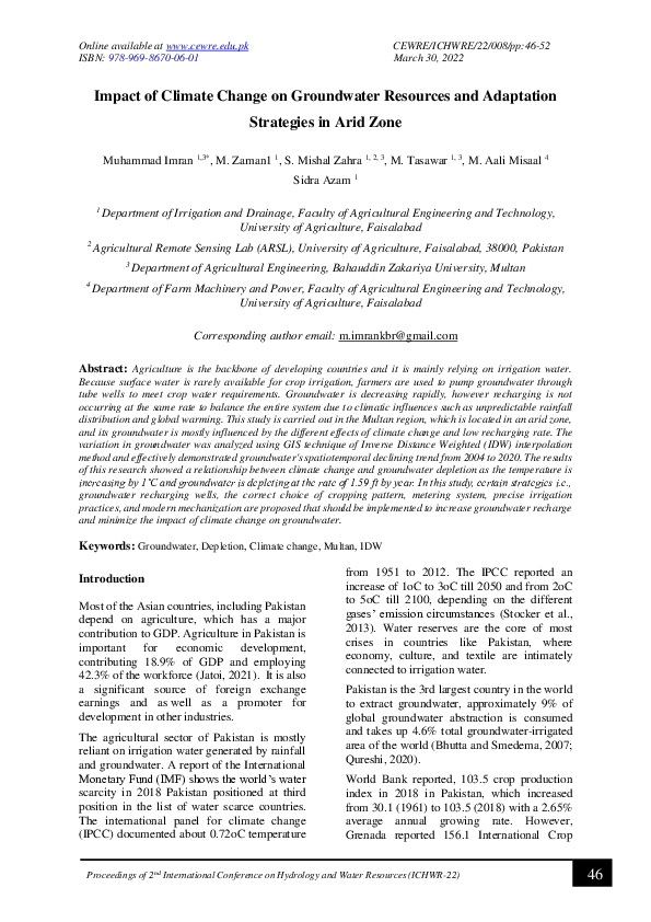 (PDF) Impact of Climate Change on Groundwater Resources and Adaptation Strategies in Arid Zone