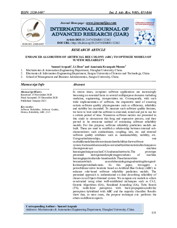 Pdf Enhanced Algorithm Of Artificial Bee Colony Abc To Optimize
