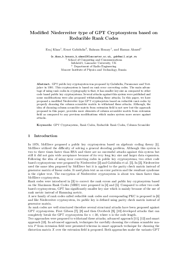 (PDF) Modified Niederreiter type of GPT cryptosystem based on reducible rank codes