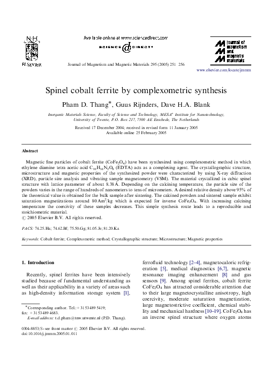 (PDF) Spinel cobalt ferrite by complexometric synthesis