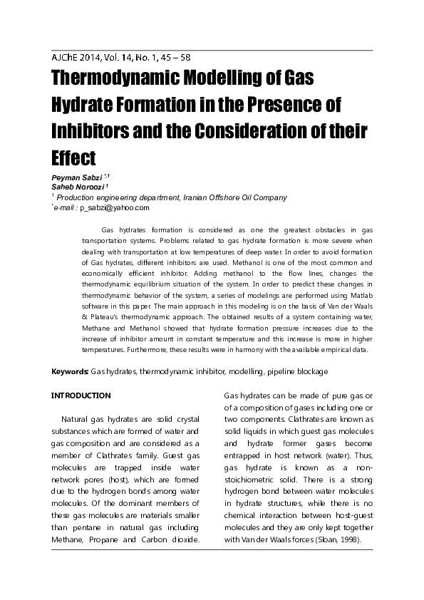 (PDF) Thermodynamic Modelling of Gas Hydrate Formation in the Presence ...