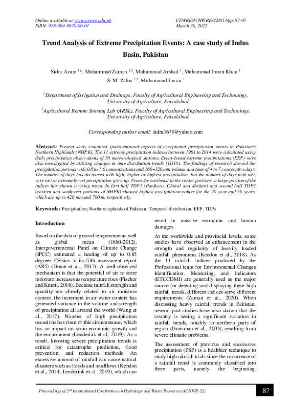 (PDF) Trend Analysis of Extreme Precipitation Events: A case study of Indus Basin, Pakistan