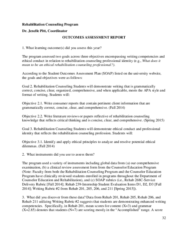 (PDF) Rehabilitation Counseling Program OUTCOMES ASSESSMENT REPORT
