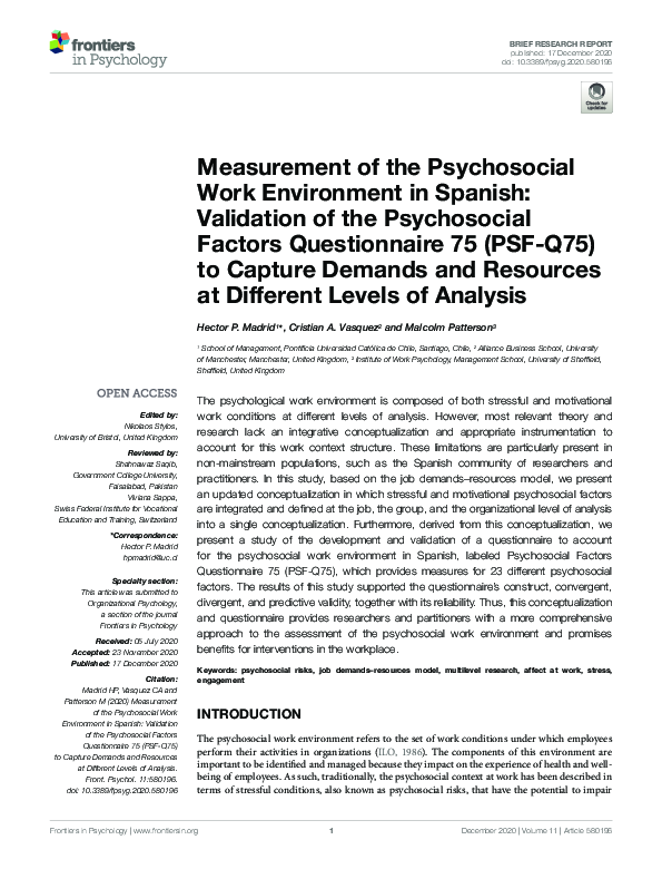 (PDF) Measurement of the Psychosocial Work Environment in Spanish ...