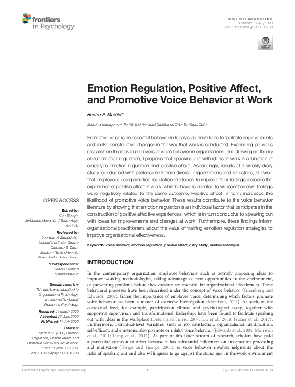 (PDF) Emotion Regulation, Positive Affect, and Promotive Voice Behavior ...