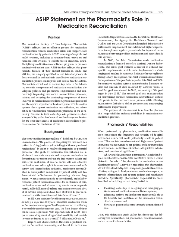(PDF) ASHP Statement on the Pharmacist’s Role in Medication Reconciliation