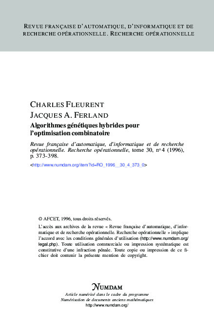 (PDF) Algorithmes génétiques hybrides pour l'optimisation combinatoire