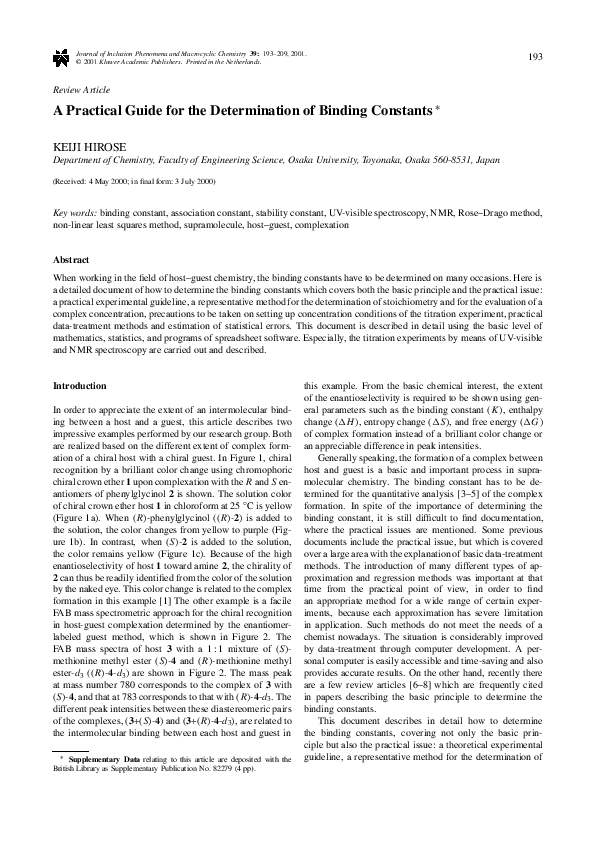 Pdf A Practical Guide For The Determination Of Binding Constants
