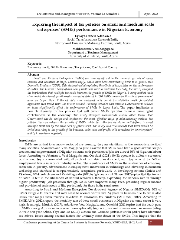 (PDF) Exploring the impact of tax policies on small and medium scale enterprises’ (SMEs ...
