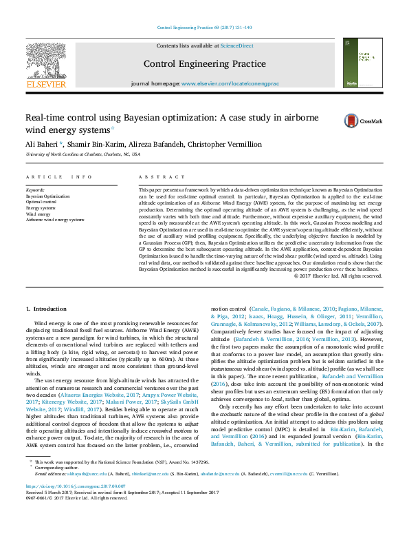 (PDF) Real-time control using Bayesian optimization: A case study in airborne wind energy systems