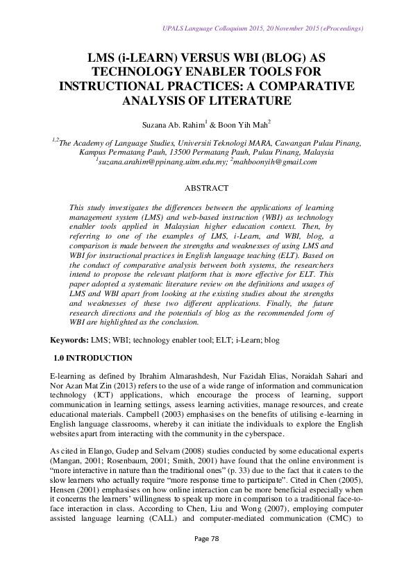 (PDF) LMS (i-LEARN) VERSUS WBI (BLOG) AS TECHNOLOGY ENABLER TOOLS FOR INSTRUCTIONAL PRACTICES: A ...