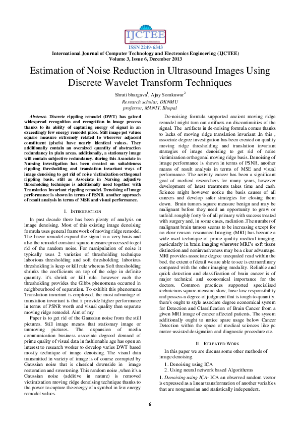 Pdf Estimation Of Noise Reduction In Ultrasound Images Using Discrete Wavelet Transform Techniques