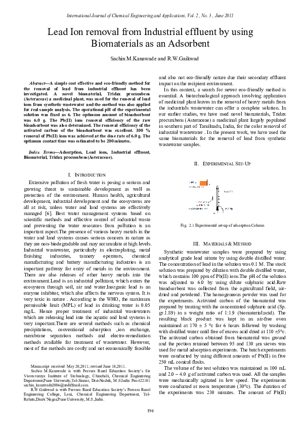 (PDF) Lead Ion removal from Industrial effluent by using Biomaterials as an Adsorbent