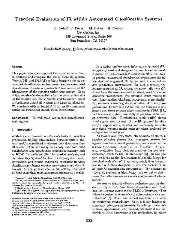 (PDF) Practical evaluation of IR within automated classification systems