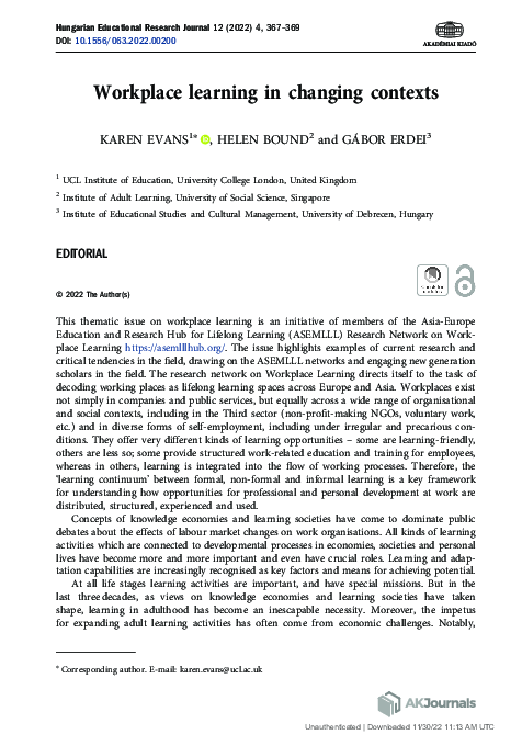 (PDF) Workplace learning in changing contexts