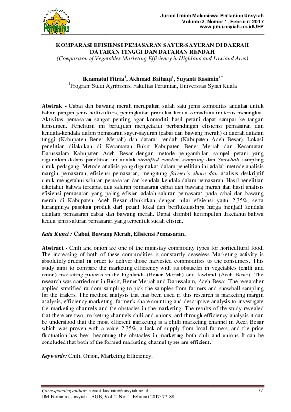 (PDF) Komparasi Efisiensi Pemasaran Sayur-sayuran di Daerah Dataran ...