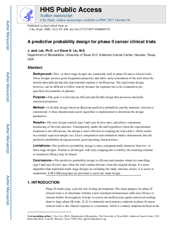 (PDF) A predictive probability design for phase II cancer clinical trials