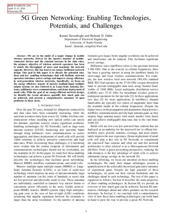 (PDF) 5G green networking: Enabling technologies, potentials, and challenges