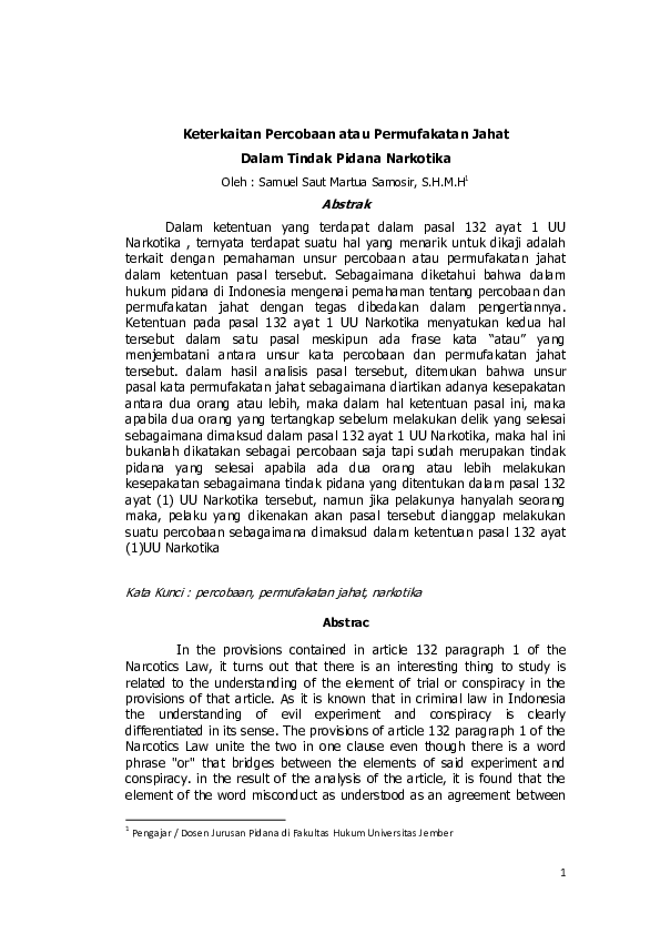 (PDF) Keterkaitan Percobaan atau Permufakatan Jahat Dalam Tindak Pidana Narkotika