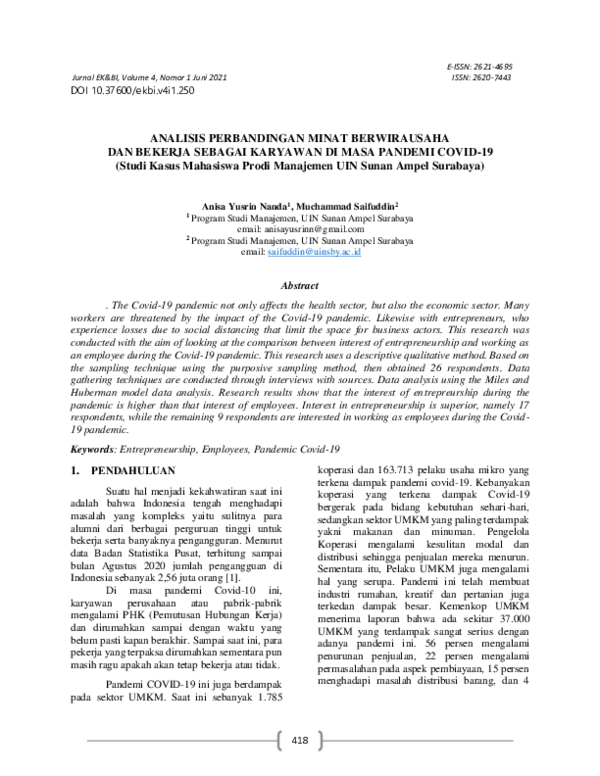(PDF) ANALISIS PERBANDINGAN MINAT BERWIRAUSAHA DAN BEKERJA SEBAGAI KARYAWANDI MASA PANDEMI COVID ...