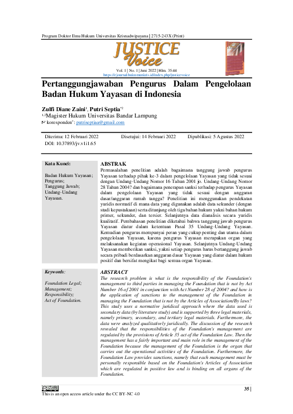 (PDF) Pertanggungjawaban Pengurus Dalam Pengelolaan Badan Hukum Yayasan di Indonesia