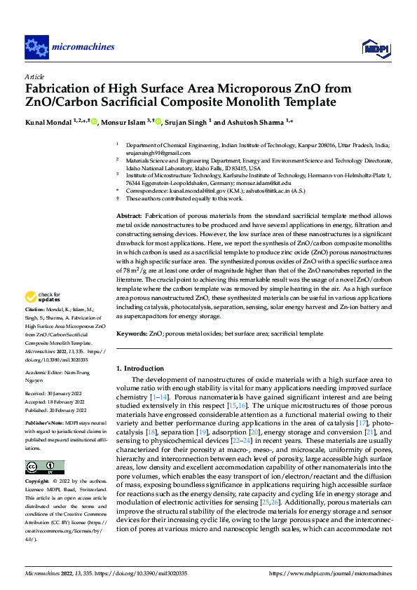 (PDF) Fabrication of High Surface Area Microporous ZnO from ZnO/Carbon ...