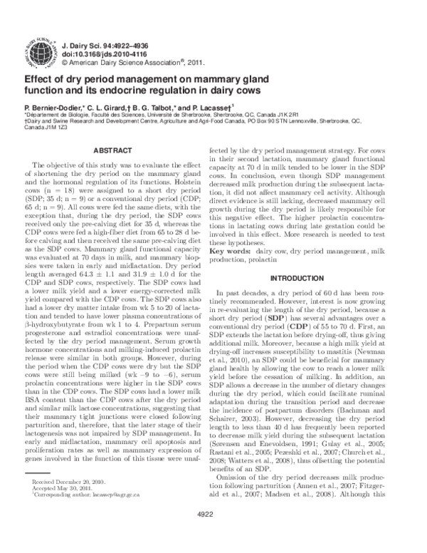 (PDF) Effect of dry period management on mammary gland function and its ...