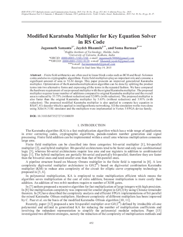 (PDF) Modified Karatsuba multiplier for key equation solver in RS Code