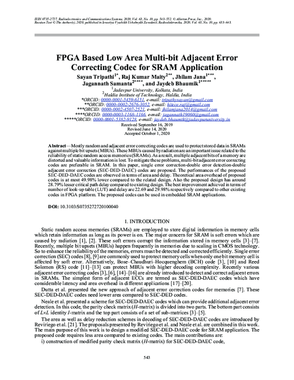 Pdf Fpga Based Low Area Multi Bit Adjacent Error Correcting Codec For