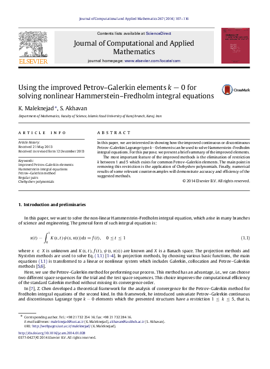 (PDF) Using the improved Petrov–Galerkin elements for solving nonlinear Hammerstein–Fredholm ...