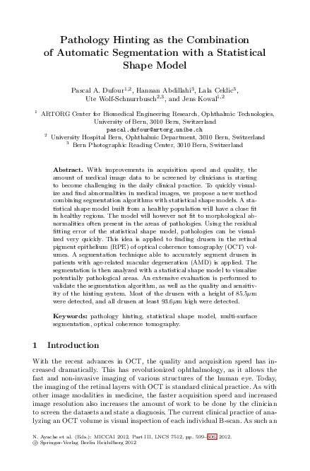 Pdf Pathology Hinting As The Combination Of Automatic Segmentation With A Statistical Shape Model