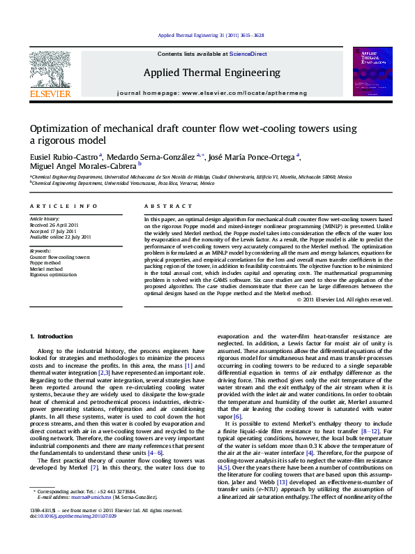 (PDF) Optimization of mechanical draft counter flow wet-cooling towers using a rigorous model