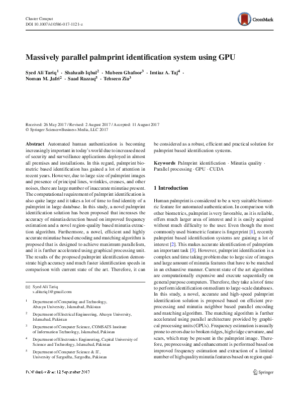 Pdf Massively Parallel Palmprint Identification System Using Gpu