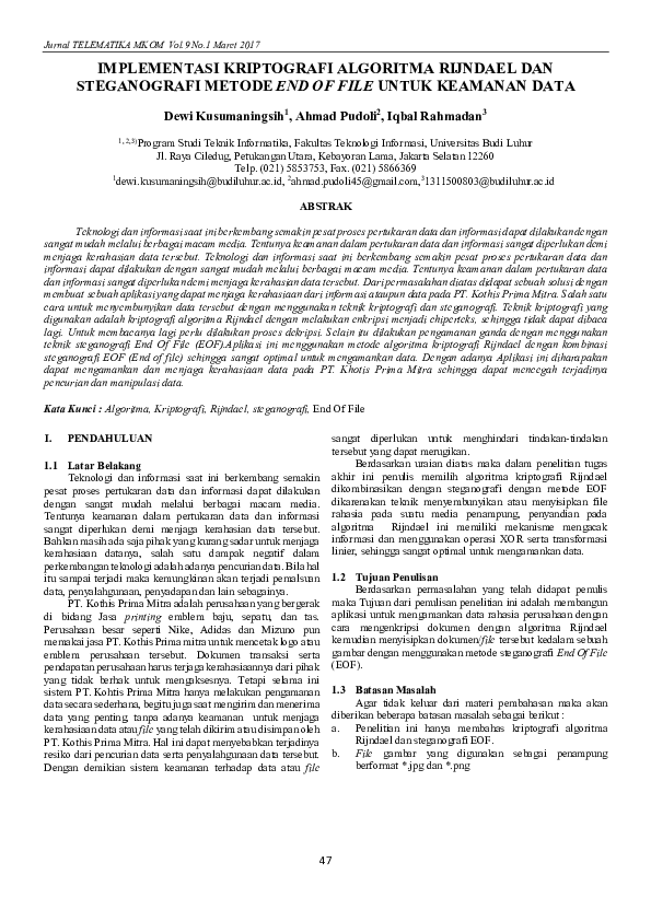 Pdf Implementasi Kriptografi Algoritma Rijndael Dan Steganografi Metode End Of File Untuk