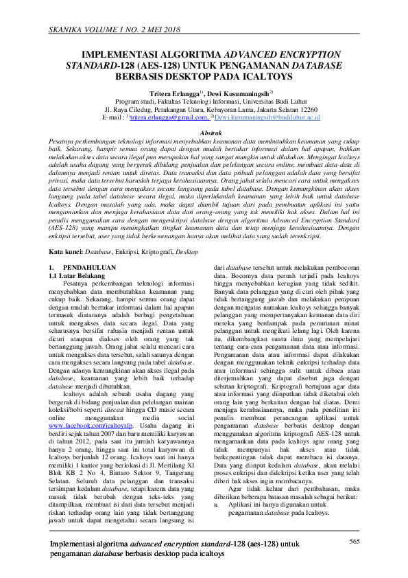 Pdf Implementasi Algoritma Advanced Encryption Standard 128 Aes 128