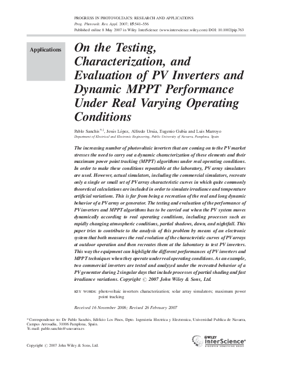 Pdf On The Testing Characterization And Evaluation Of Pv Inverters And Dynamic Mppt