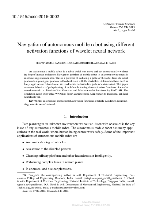 Pdf Navigation Of Autonomous Mobile Robot Using Different Activation Functions Of Wavelet
