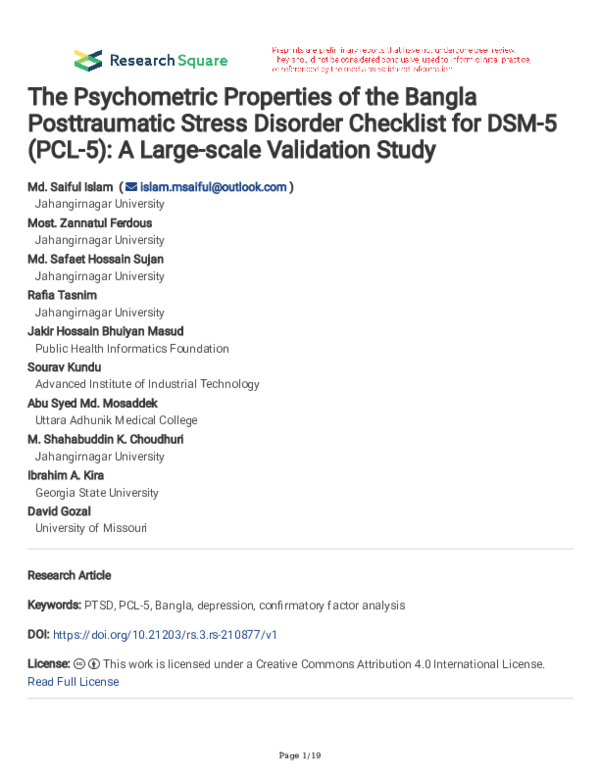(PDF) The Psychometric Properties of the Bangla Posttraumatic Stress ...