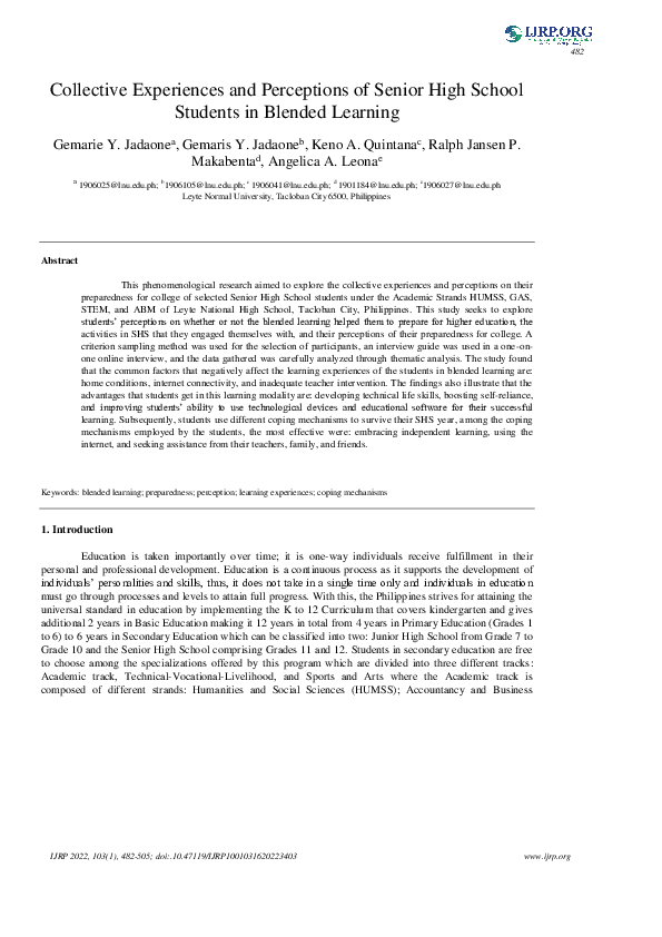 (PDF) Collective Experiences and Perceptions of Senior High School ...