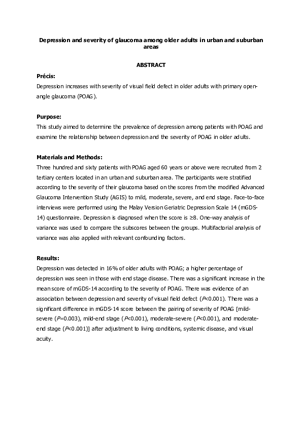 (PDF) Depression and Severity of Glaucoma Among Older Adults in Urban ...