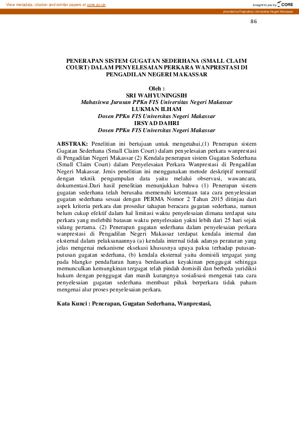 (PDF) Penerapan Sistem Gugatan Sederhana (Small Claim Court) Dalam Penyelesaian Perkara ...