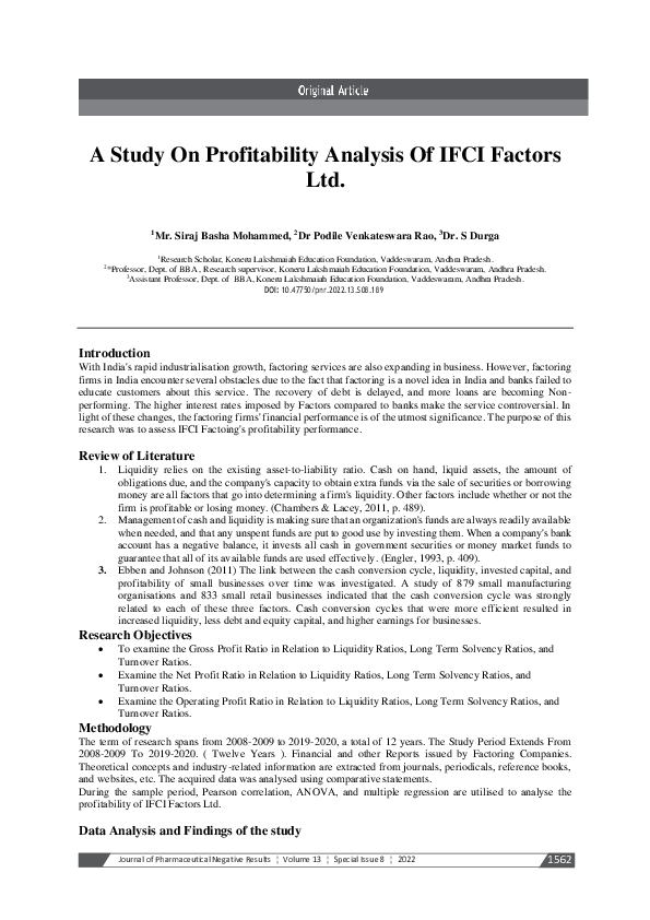 (PDF) A Study On Profitability Analysis Of IFCI Factors Ltd.